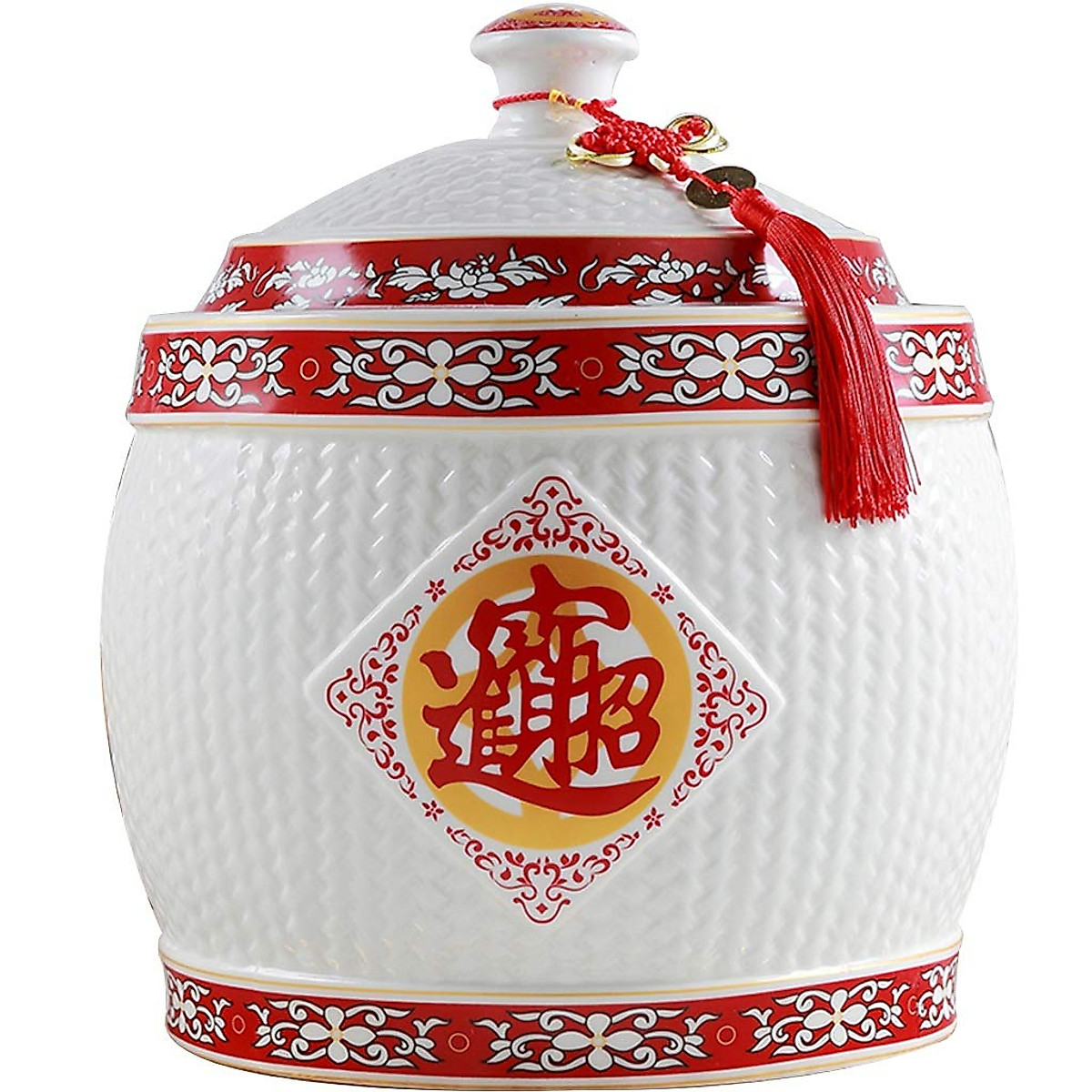 DXYLFFF Classic Food Dispensers Ceramic Rice Bucket with Tassel Design, Household Rice Storage Box with Lid, Chinese Sealed Large-Capacity Rice Pot, 4-12.5KG/141-441 OZ