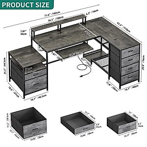 YITAHOME L Shaped Desk with Drawers, 71" L Shaped Computer Desk with Power Outlet & LED Lights, Corner Office Desk with Storage Shelves & Printer Stand, Gaming Desk with Monitor Shelf, Grey