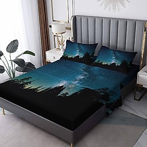 Starry Sky Sheets Twin Size, Forest Bed Sheets, Patterned Bedding Sheets & Pillowcases 3 Piece Set - Soft Microfiber Deep Pocket Fitted Sheet & Flat Sheet & Pillow Case L2-&-225