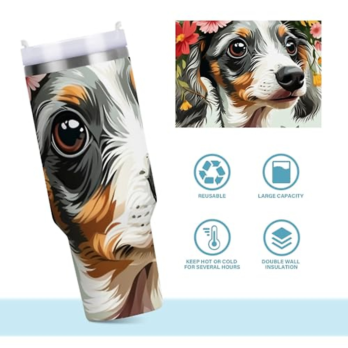 Adorable Dog with Flower Garland Soft Tumbler With Handle And Straw 30-40oz Insulated Tumbler Cups With Lid Stainless Steel for Cold Water and Drinks for School Work Sports Car Travel and Weekends