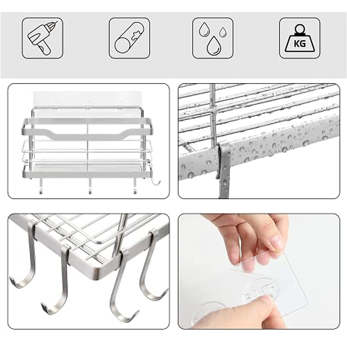 Carwiner Shower Shelf Deep Caddy 3-Pack basket with 10 Hooks & Soap Dish Holder, SUS304 Stainless Steel Bathroom Caddy Organizer Rack Adhesive Shampoo Holder Wall Mounted No Drilling (Silver)