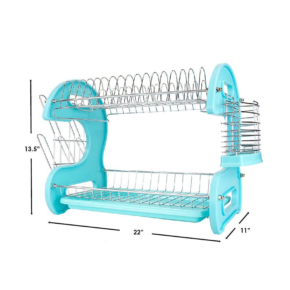 Home Basics 2 Tier Dish Drainer (Turquoise) Dish Rack for Kitchen Counter, with Cutlery Holder and Cup Slots