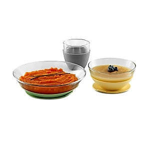 BEABA 3-Piece Glass and Silicone Meal Set - Easy to Clean - Dishwasher and Microwave Safe - Non-Slip Suction Bottom - Includes Plate, Bowl, Cup (Pastel)