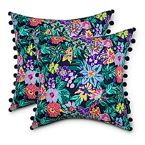 Vera Bradley by Classic Accessories Water-Resistant Outdoor Throw Pillow with Poms, 18 x 18 x 8 Inch, 2 Pack, Happy Blooms