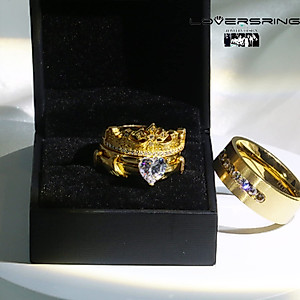 Wedding Ring Set Couples Rings Crown Claddagh ring Yellow Gold Plated Heart White Cz Titanium band