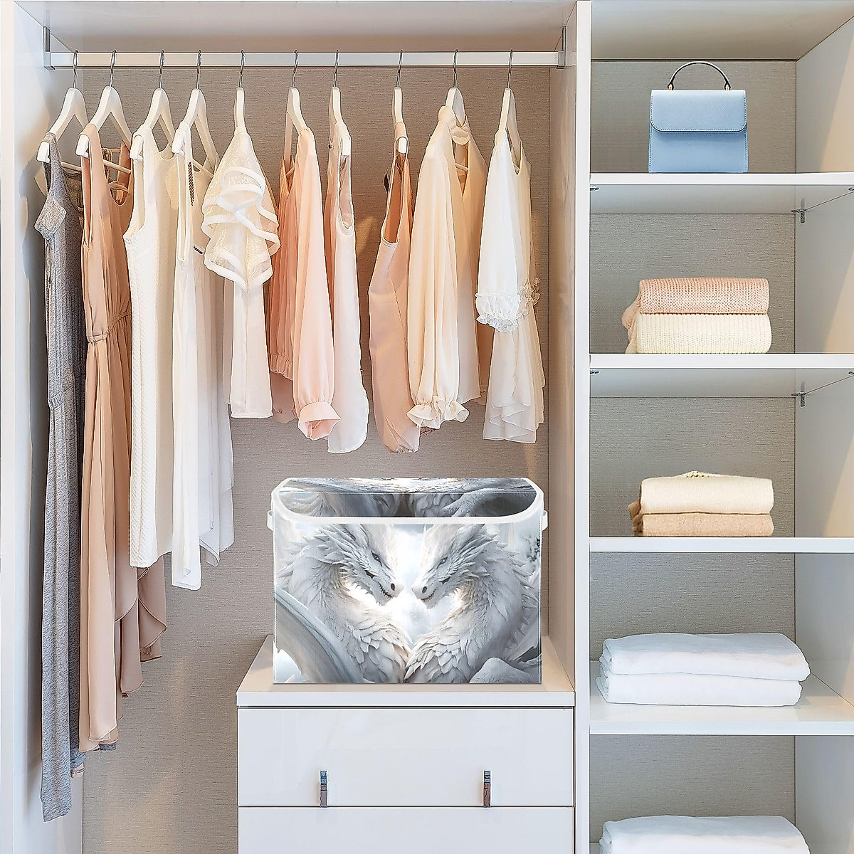 ALAZA Storage Bins Organizer Box Baskets Lidded Clothes for Shelves Closet Dragon White Collapsible Stackable Storage Cubes Handles