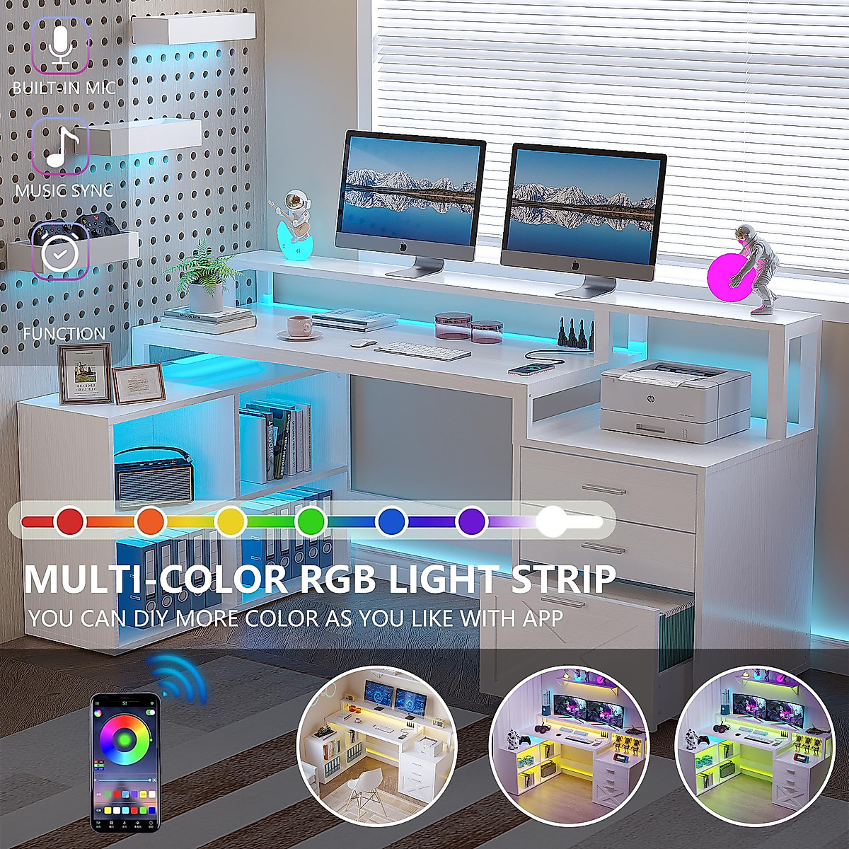 Vagaconl L-Shaped Desk, 65 Inch Computer Desk Corner Desk with Power Outlet with 3 Drawers and 4 Storage Shelves, Home Office Desk with Monitor Stand, LED Light Strip and File Cabinet, Printer Stand