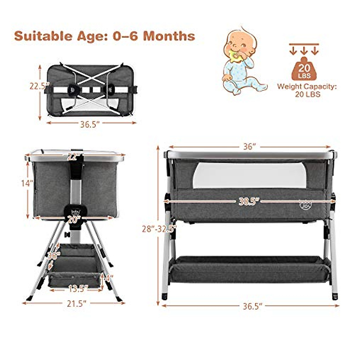 BABY JOY Bedside Bassinet, Portable Baby Crib w/Mattress, Two-Side Breathable Mesh, 7 Height Adjustable, Large Storage, Wheels for Easy Movement, Crib for Newborn Infant, Bassinet for Baby, Dark Grey