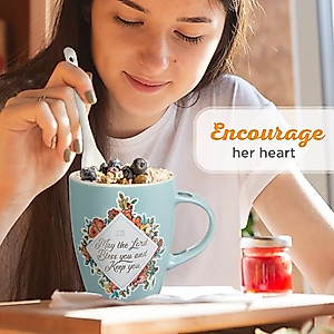 Christian Art Gifts Scripture Coffee and Tea Mug with Ceramic Spoon Set for Women: May the Lord Bless You - Numbers 6:24 Inspirational Bible Verse Hot & Cold Beverages, Light Teal/White Floral, 12 oz.