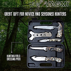VAGMI Hunting Knife Set -5 Pieces of Portable Butcher Game Processing Set ， Hunting Knife for Men ，for Deer Hunting ，Survival, Camping, Fishing, Meat,with Storage Case