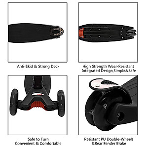 ChromeWheels Scooters for Kids, Deluxe Kick Scooter Foldable 4 Adjustable Height 132lbs Weight Limit 3 Wheel, Lean to Steer LED Light Up Wheels, Best Gifts for Girls Boys Age 3-12 Year Old, Black