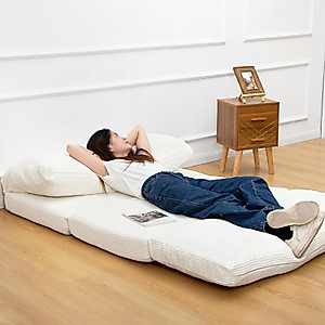 N&V Folding Matress Sofa Bean Bag Bed, Foam Filling Folding Matress Sofa, includes Removable and Machine Washable Cover, Soft Premium Corduroy (Medium, Ivory)