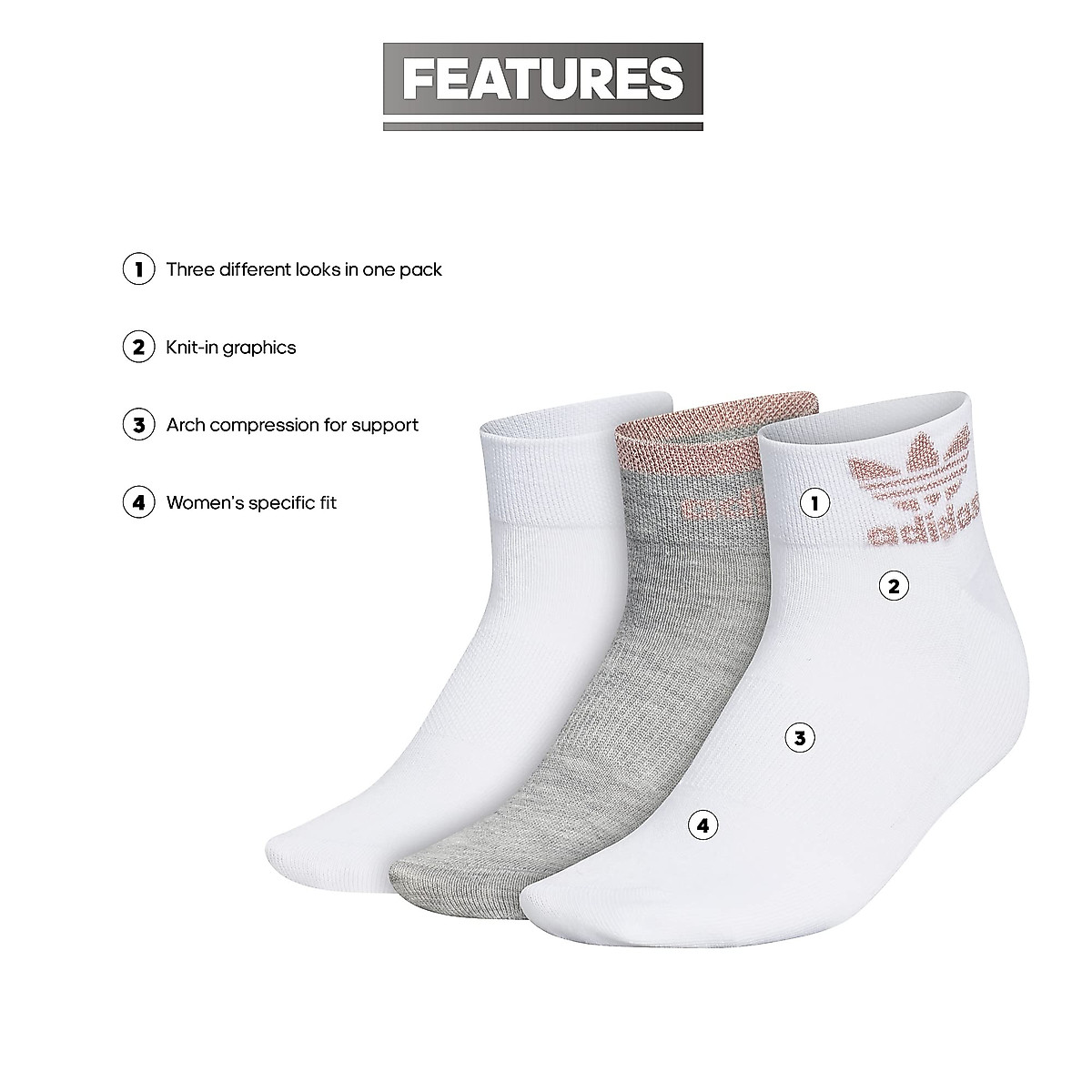 adidas Originals Women's Originals Trefoil Shine 3-Pack Low Cut, White/Rose Gold Shiny Nylon/Heather Grey, Medium