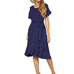 Women's Plain Casual Swing Midi Modest Belt Dress Deep Blue L