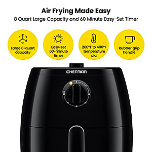 Chefman TurboFry 8-Quart Air Fryer, Integrated 60-Minute Timer for Healthy Cooking, Cook with 80% Less Oil, Adjustable Temperature Control, Nonstick Dishwasher-Safe Basket and Tray, Black