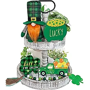 St Patricks Day Decor, 5pcs St Patrick's Day Gnome Tiered Tray Decor, Shamrock Wood Signs, Buffalo Plaid Gnomes Plush,Saint Patrick Bead Garland, Home Kitchen Table Decor, St Patricks Day Decoration