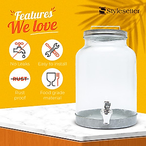 Style Setter Glass Drink Dispenser for Parties -1.5 Gallon Large Capacity Beverage Dispenser - Easy Assembling with Leakproof Spigot and Galvanized Base - Sweet Tea, Lemonade, Punch, Water Dispenser
