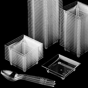TOFLEN 100ct 1 oz Mini Dessert Plates with Tasting Spoons - Reusable Clear Plastic Square Party Serving Trays Mini Plates for Appetizers, Chocolates, Ice Cream, Fruit and More