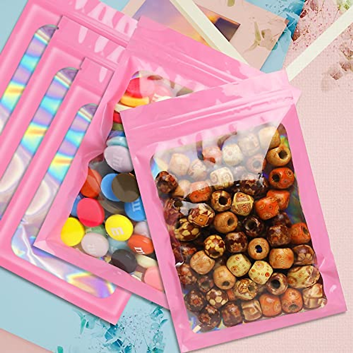 Funfery 100 pcs Pink Mylar Holographic Bags Packaging Bags,Clear Seal Resealable Smell Proof Bags Foil Pouch Bags for Food Storage and Lipgloss,Jewelry,Eyelash Packaging for Small Business(3x4.7In)