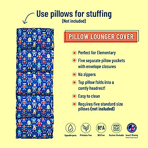 Wildkin Kids Floor Lounger for Boys and Girls, Measures 86.8 x 27 Inches, Travel-Friendly and Perfect for Sleepovers, Requires 5 Standard Size Pillows (Not Included) (Robots)