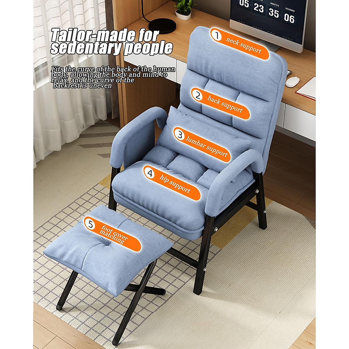 WFCCDM Relax Armchair Rocking Chairs Reclining Chair Lounge Seating Sofa Chair Occasional Side Chairs, Adjustable Footrest & Backrest, for Living Room Bedroom 50 * 51 * 102cm Blue