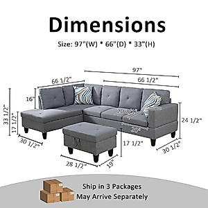 LostCat Sectional Sofa with Chaise, 97" W Modular Sectional Sofa, Modular Couch with Storage Ottoman, L Shaped Sofas & Couches, Linen U Shaped Sectional Couches for Living Room Furniture Sets, Grey