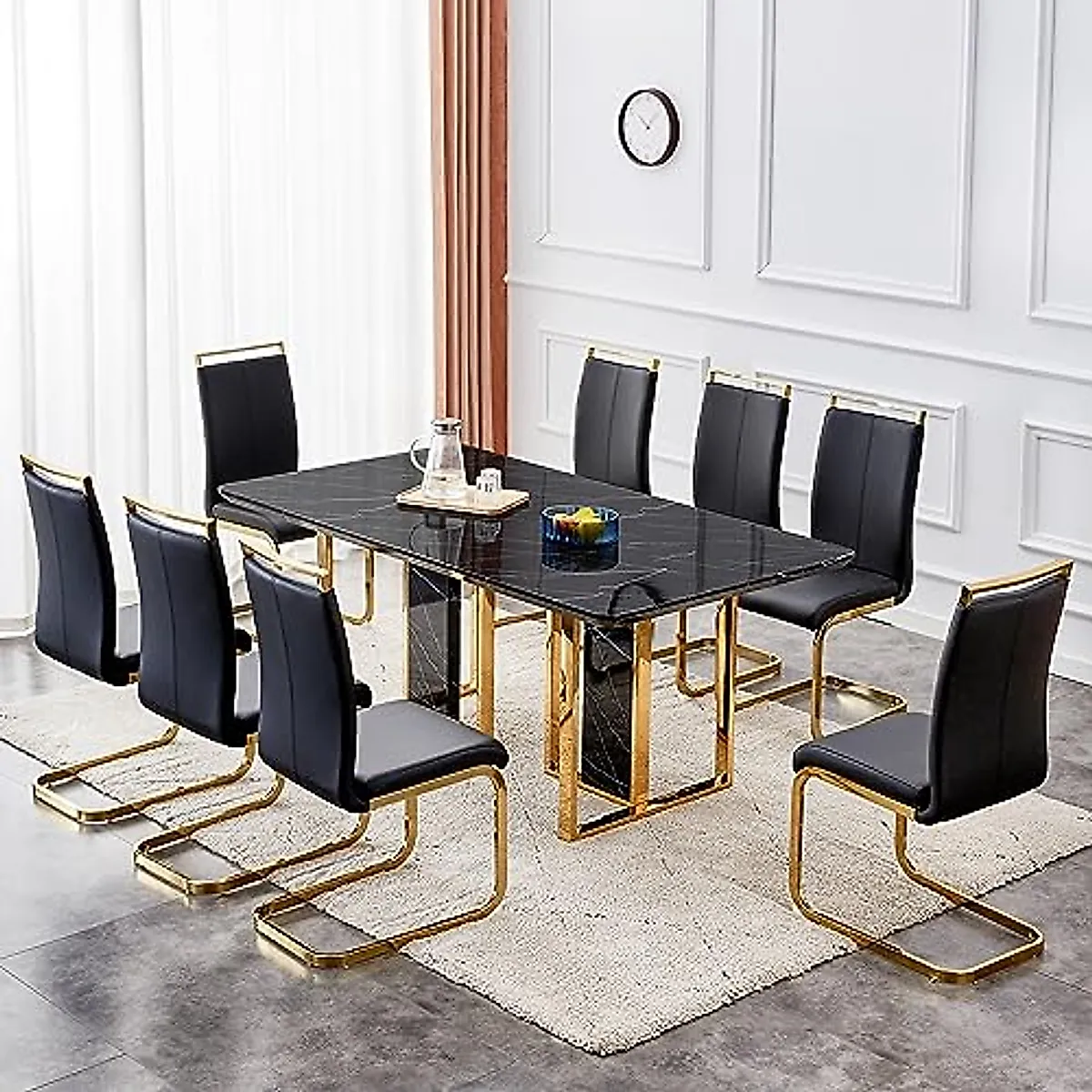 Goderfuu Black Marble Dining Table for 8 People - 71 inch Modern Kitchen Dining Room Table with Gold Base, Faux Marble Dining Table Pedestal Table Dinner Table, Large Marble Table for Dining Room