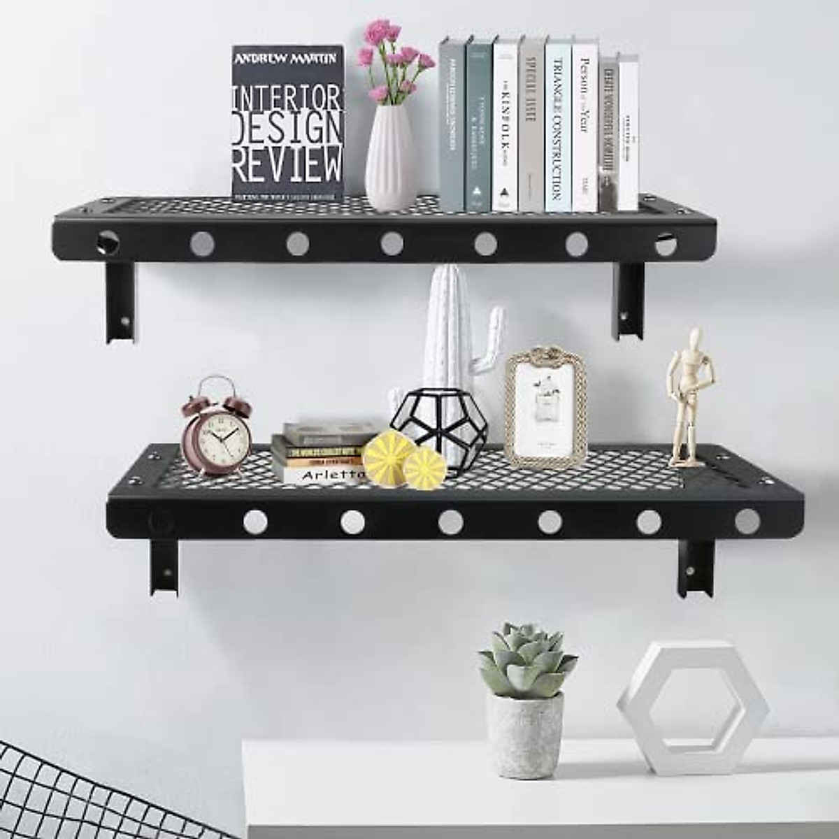 Sedesbon Floating Wall Shelves Set of 2, Black Floating Shelves,Wall-Mounted Bookshelf,Mesh Panel, Used in Living Room, Kitchen, Bathroom ，Garage,Folding with Hooks.
