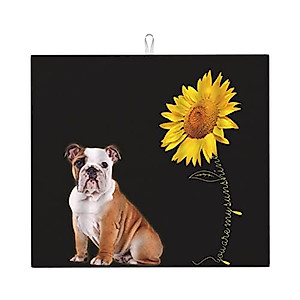 Funny Dog with Sunflower Printed Drying Mat For Kitchen Ultra Absorbent Microfiber Dishes Drainer Mats Non-Slip Silicone Quick Dry Pad - 18 X 16inch