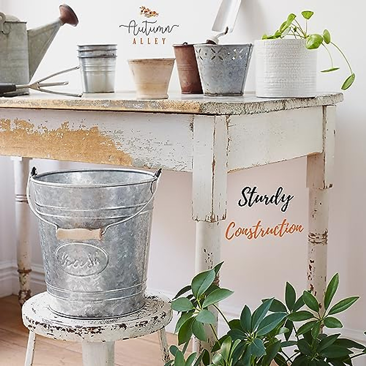 Autumn Alley Farmhouse Bathroom Trash Can - Rustic Galvanized Trash Can Bucket with Wooden Handle for Rustic Bathroom, Farmhouse Kitchen, Country Home Décor, 7 Liters, Galvanized Grey