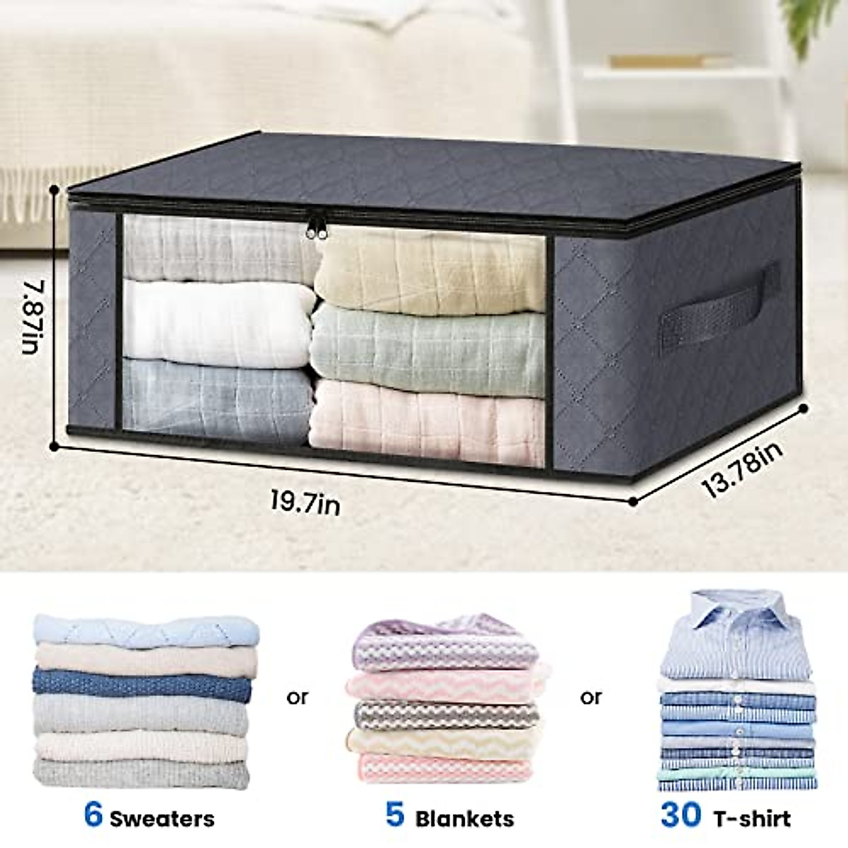 HomeHacks Storage 3-Pack Clothes Organizer Storage Bags Foldable Storage Box with Large Clear Window Sturdy Handles for Closet, Dorm, Pillows, Bedding, Clothes, Stuffed Toys, Blankets, 35L, Grey