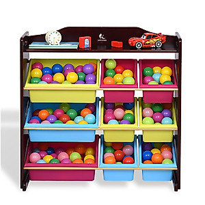 KRAND Toy Storage Organizer for Kids 100% Pine Solid Wood Kids Toy Organizer with Thick Anti-Break Storage Bins (Espresso)