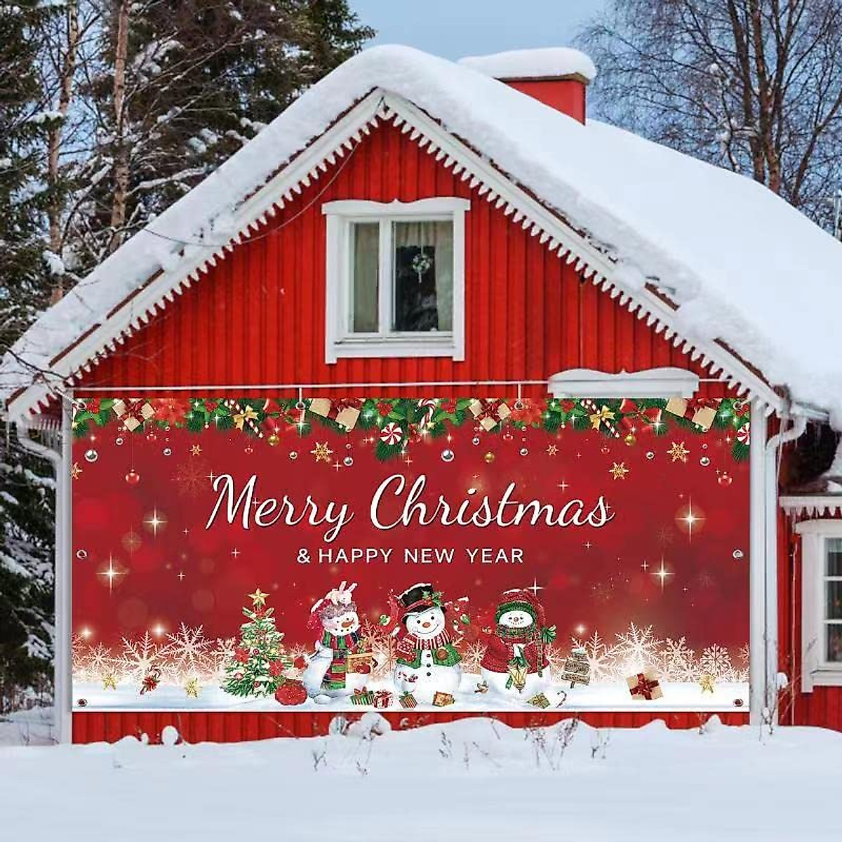 Christmas Snowman Garage Door Banner Cover 6 x 13 ft, Extra Large Fabric Winter Snowman Christmas Backdrop Photo Booth Background Yard Sign for Xmas Holiday Winter New Year Eve Party Supplies
