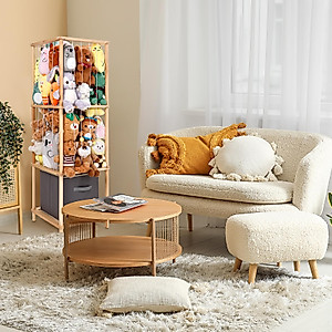 ACEPRUT Wood Stuffed Animal Storage Holder with Storage Basket, Space Save Three Tier Vertical Large Stuffed Animal Zoo Organizer for Playroom Bedroom, Toy Storage Birthday Gifts for Kids