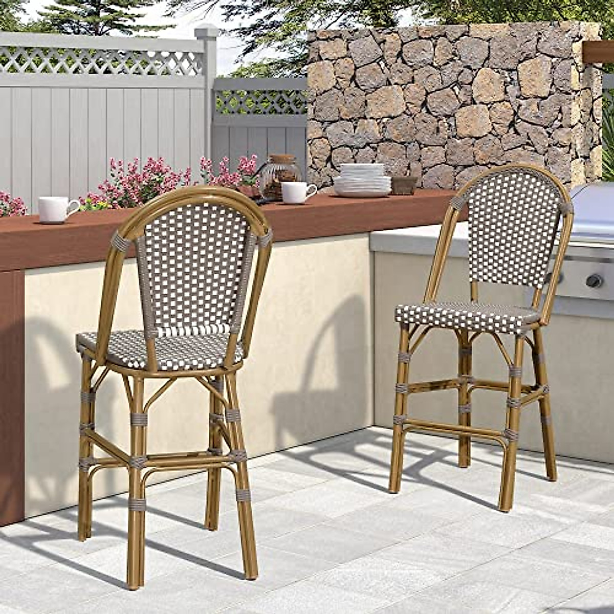 PURPLE LEAF French Bar Stools Set of 2 Bamboo Print Finish Patio Bar Stools with Back Rattan Bar Chairs Wicker Bar Height Stool 30" with Footrest Kitchen Island Stools Outdoor Barstool Grey
