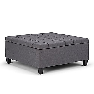 SIMPLIHOME Harrison 36 inch Wide Square Coffee Table Lift Top Storage Ottoman in Upholstered Slate Grey Tufted Linen Look Fabric for the Living Room,