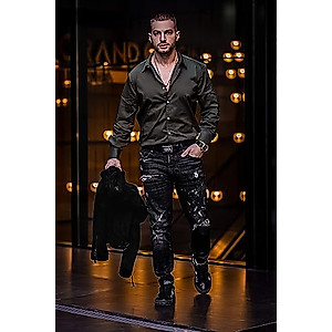 COOFANDY Men's Muscle Fit Dress Shirts Wrinkle-Free Long Sleeve Casual Button Down Shirt (01-Olive Green(Stretch Fabric), X-Large)