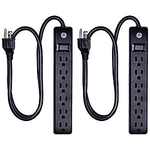 GE 6-Outlet Surge Protector 2 Pack, 3 Ft Extension Cord, Power Strip, 450 Joules, On/Off Switch, Integrated Circuit Breaker, Heavy Duty, Warranty, UL Listed, Black, 83969