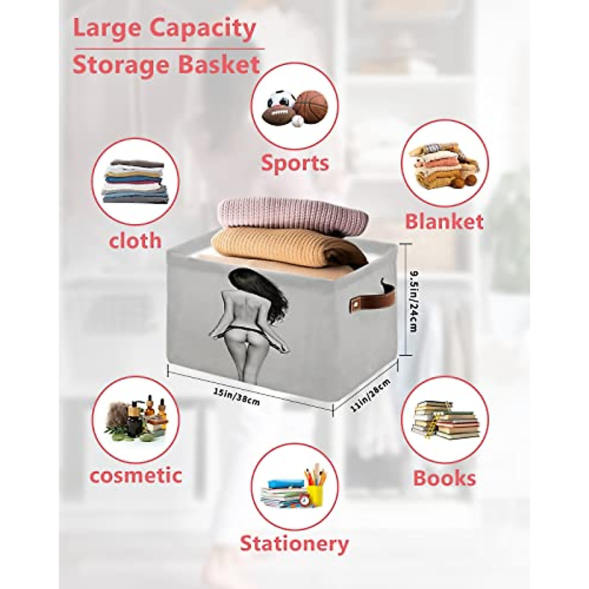 Naked Girl Cube Storage Organizer Bins with Handles, 15x11x9.5 Inch Collapsible Canvas Cloth Fabric Storage Basket, Sexy Beauty Grey Modern Art Books Kids' Toys Bin Boxes for Shelves, Closet