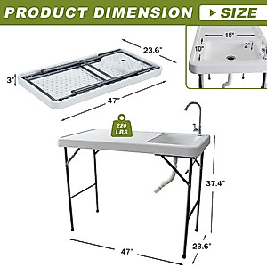 PMSW FCT01 Fishing Cleaning Table with Sink, Portable Folding Camping Sink Table Fish Fillet Table with Sink Faucet for Picnic Camping Gardening Kitchen, White