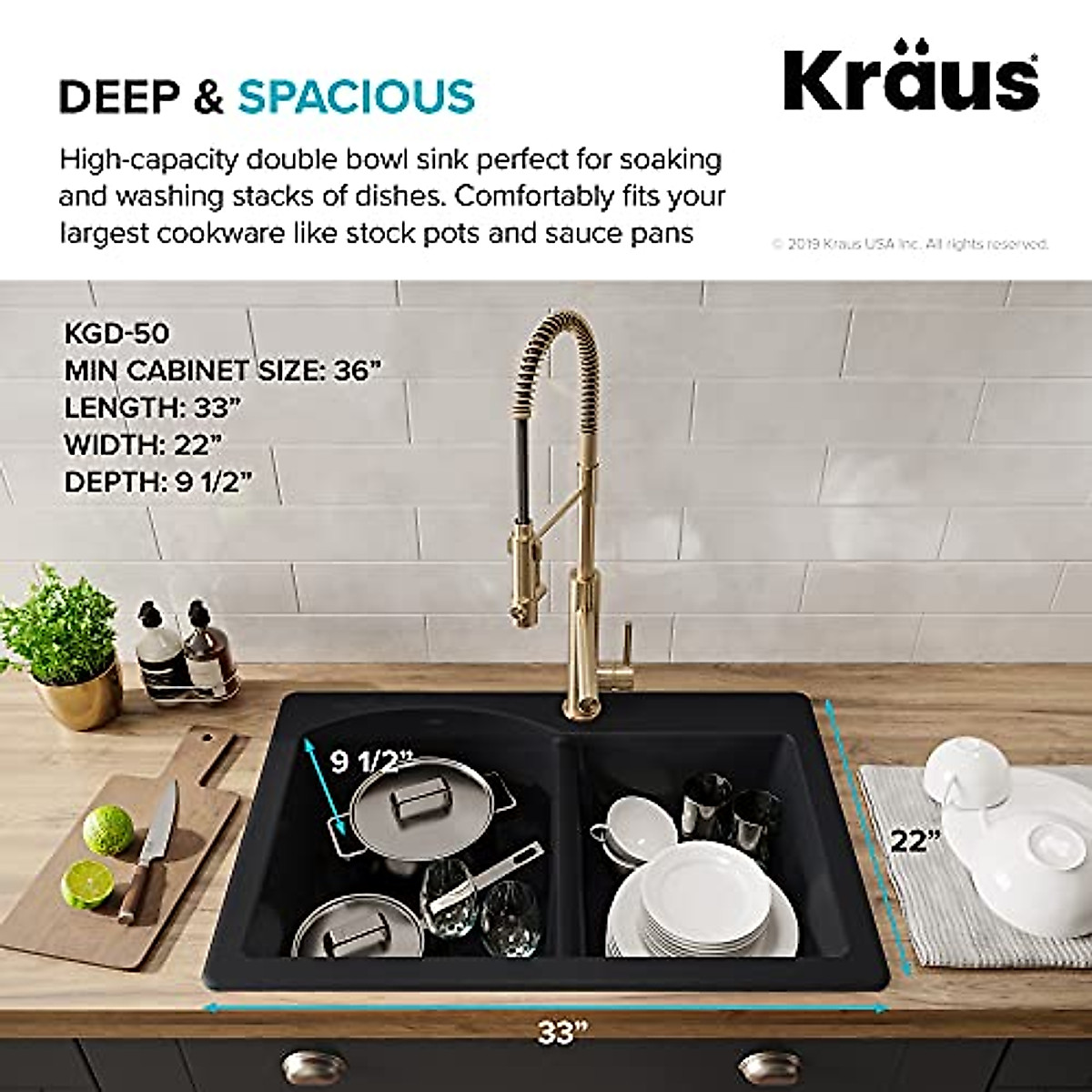 KRAUS Forteza™ 33” Dual Mount 60/40 Double Bowl Granite Kitchen Sink in Black with WasteGuard™ Continuous Feed Garbage Disposal, KGD-50BL-100-75MB