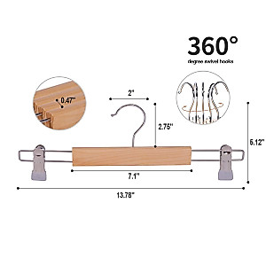 ELONG HOME Wooden Pants Hangers 12Packs, Skirt Hangers with Adjustable Clips, Non Slip Wood Clothes Hangers with Clips, Space Saving Hangers for Pants Skirts Trousers Slacks Jeans