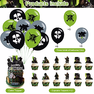 Gaming Theme Birthday Party Decorations,Call Of Du_ty Party Supply Set for Kids with 1 Happy Birthday Banner ,12 Cupcake Toppers ,18 Call Hero Balloons ,50 Stickers for Gaming Party Decorations