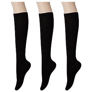 KONY Womens Cotton Knee High Socks - Casual Solid & Triple Stripe Colors Fashion Socks 3 Pairs (Womens Shoe Size 5-10) (Solid Black - 3 Pairs)
