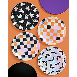 xo, Fetti Halloween Plates - 24 pcs | Halloween Tablescape, Spooky Season Setting, Haunted House Party, Checkered Kids Table Decor