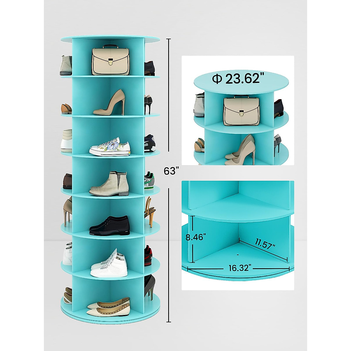 Toemics 7 Tier Rotating Shoe Rack Tower 28 Shelves, 360° Spinning Display Lazy Susan Organizer, Carousel for Shoes & Handbags, Easy Assembly, Includes 4 PCS Double-Layer Shoe Racks, Green