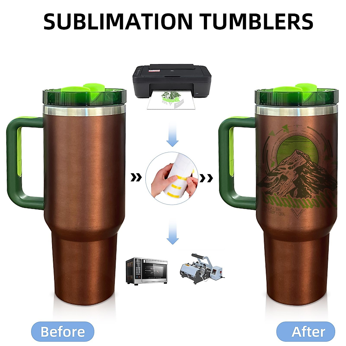 AGH 2 Pack 40 oz Sublimation Rose Gold Tumbler with Black Green Handle and Stainless Steel Straw, Insulated Double Wall Vacuum Reusable Cups with Green Leakproof Lid