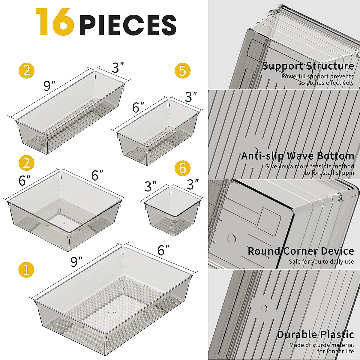 Kzemtcuo 16 Pcs Drawer Organizer 5 Size Acrylic Junk Desk Drawer Organization Separate Makeup Drawers Office Clear Plastic Drawer Organizer for Bathroom Drawer Organizer Built-in Divider Storage Box