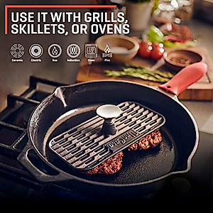 Uno Casa Cast Iron Grill Press - Pre-Seasoned XL Hamburger Press with Stainless Steel Knob, 9x4.5 Inch cast Iron Burger Press for Griddle - Bacon Press for Griddle - Vented Design Griddle Press