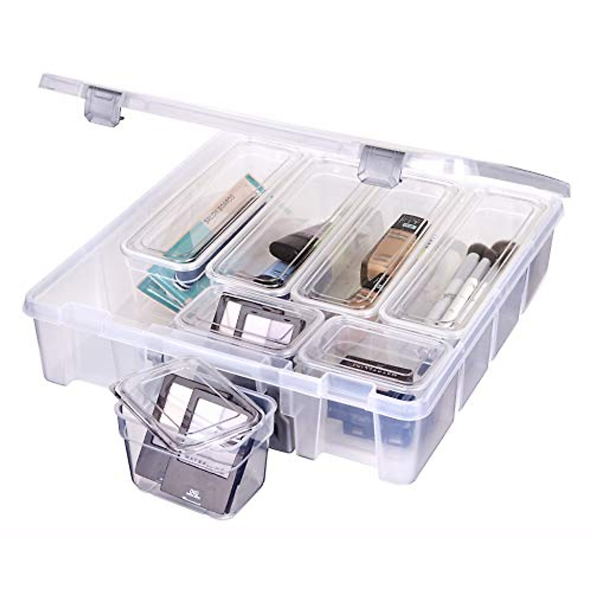 AB Designs 6967ABD Super Satchel with 9 Mixed Bins Inside Stackable Home Storage Organization Container, Clear with Sliver Latches and Handle, w/Long